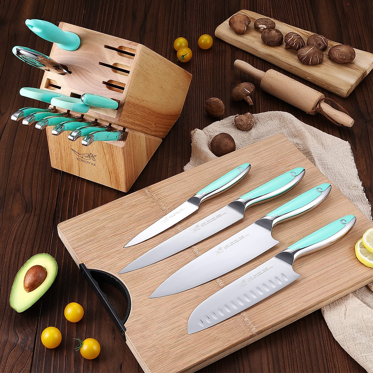 Knife Sets for Kitchen with Block, YONOVAK Blue Whale Series 15-Piece 1.4116 German Steel Full Tang Handle Chef Kitchen Knife Set with 6 X Laguiole Steak Knives