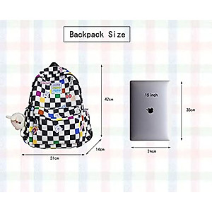 Nouflux Kawaii Backpack for Girls School Cute Backpack with Doll Checkerboard Backpack Teen Girls(Black)