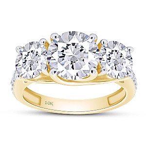 SAVEARTH DIAMONDS Three Stone Design, 3.40 Cttw Center 8MM Round Cut Lab Created Moissanite With Accents Engagement Ring In 10K Solid Yellow Gold (VVS1 Clarity) Size-6.5