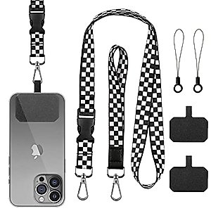 MAXCURY Phone Lanyard, Neck Strap & 2 Pack Pads & Ring Strap for Phone Case, Hand Wrist Strap Metal Key Chain Holder, Checkered Nylon Lanyard Compatible for Name Tags Badge ID Card