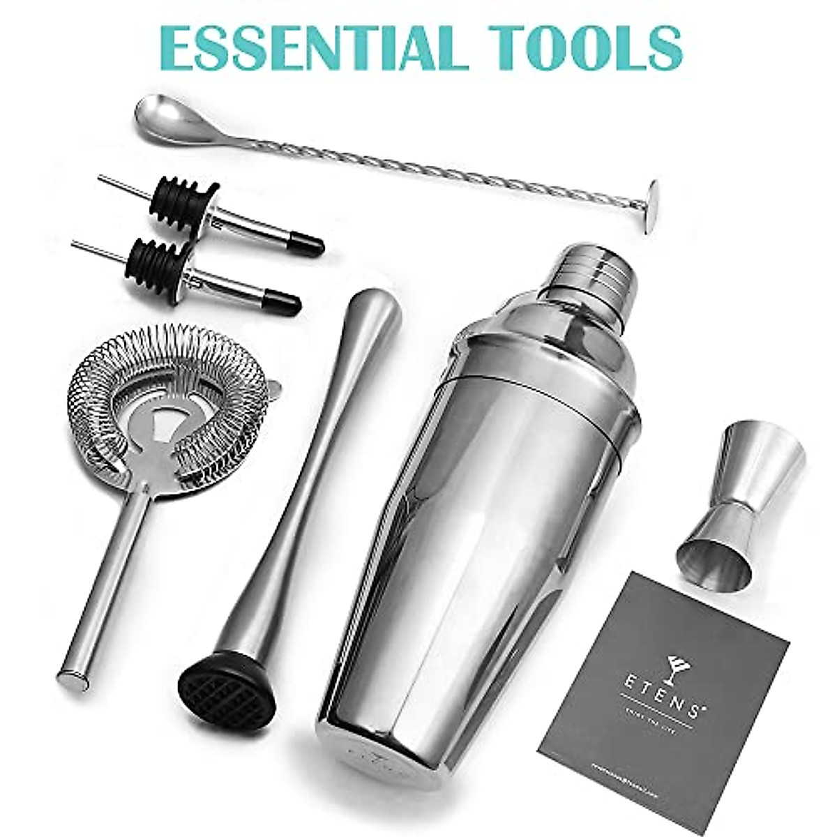 ETENS Cocktail Shaker Set Stainless Steel & Bar Set, Bartender Kit Mixology Drink Mixer, Bartending Tools Gifts: Martini Shaker 24oz, Muddler, Strainer, Measuring Jigger, Alcohol Pourer, Mixing Spoon