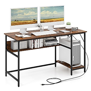 Tangkula 55 Inch Computer Desk with 4 Power Outlets & 2 USB Ports, Home Office Desk with Built in Charging Station with Switch, Computer Workstation Writing Study Desk with Storage Shelf & CPU Stand