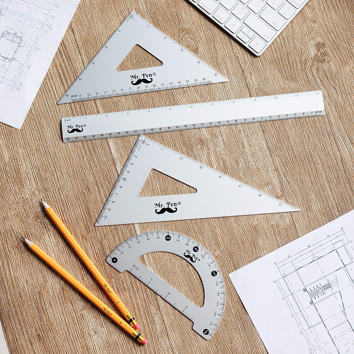 Mr. Pen– Metal Geometry Set, 4Pack, Metal Protractor, Aluminum Ruler, Metal Set Square, Triangle Ruler, Drafting Triangles, Triangle Ruler, Protractor Metal, Drafting Set, Geometry Kit, Drafting Ruler
