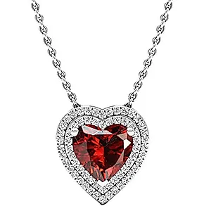Dazzlingrock Collection 14K 8 MM Heart Garnet & Round Diamond Heart Double Halo Pendant, White Gold