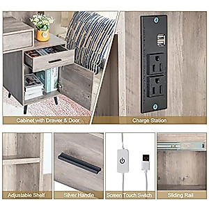 3-color Lighted Mirror Cabinet with Stool - Vanity Desk and Cushioned Chair - Sliding Mirror Makeup Desk - 2 Drawers 1 Door Cabinet 2 Shelves - Charging Station - Screen Touch Switch - Retro Grey