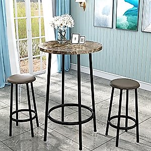 AWQM 3 Piece Bar Table Set, Small Bistro Table and Chairs Set of 2, Round Pub Dining Table Set for Breakfast Nook, Dining Room, Kitchen, Small Spaces - Brown