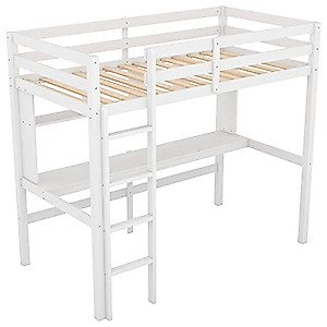 DEYOBED Twin Size Wooden Loft Bed Frame with Desk, Shelves for Kids Teens Adults