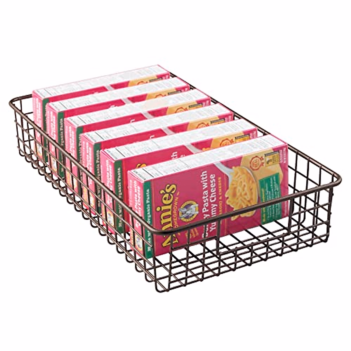 mDesign Metal Wire Food Storage Shallow Bin Basket with Handles for Organizing Kitchen Cabinets, Counter, Pantry Shelf - Perfect for Snacks, Drinks - Concerto Collection - Bronze