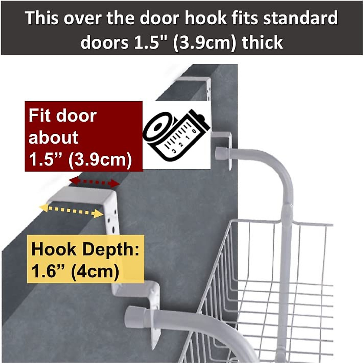 Over Door Organizer Wall Mounted Sturdy 2-tier Bathroom Storage Baskets with 8pcs Towel Wood Hooks Decor Pantry Kitchen Spice Back Hanging Metal Rack Closet Shelving Organizers , 17.5" (W) X 25" (H)