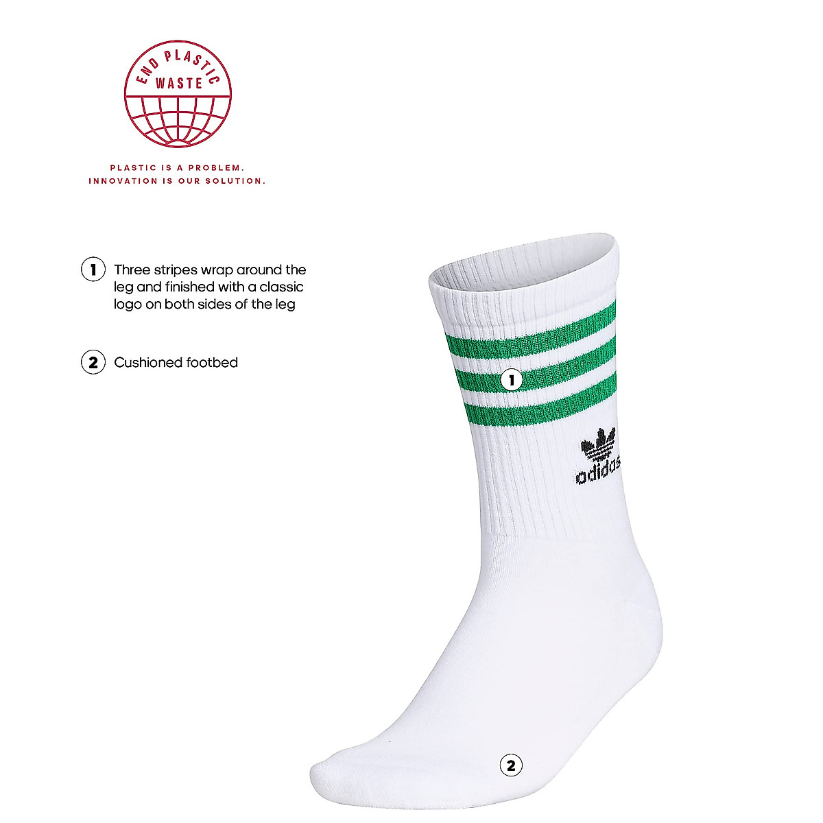 adidas Originals Unisex-Adult Roller Crew Socks (1-Pair), White/Green/Black, Medium