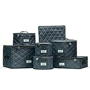 Teemto China Storage Containers Quilted. 7PC Dishes Storage Kit with 48 Cut-to-Size Felt Inners. Fine China Storage, Plate Platter Storage, Glass and Dish Storage, Crystal Stemware, Moving Supplies