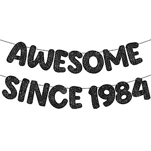 Fulmoon Pre-strung Awesome Since 1984 Banner Glitter Happy 40th Birthday Banner Funny 40th Birthday Decorations 1984 Party Decorations for Men Women Anniversary (Black)