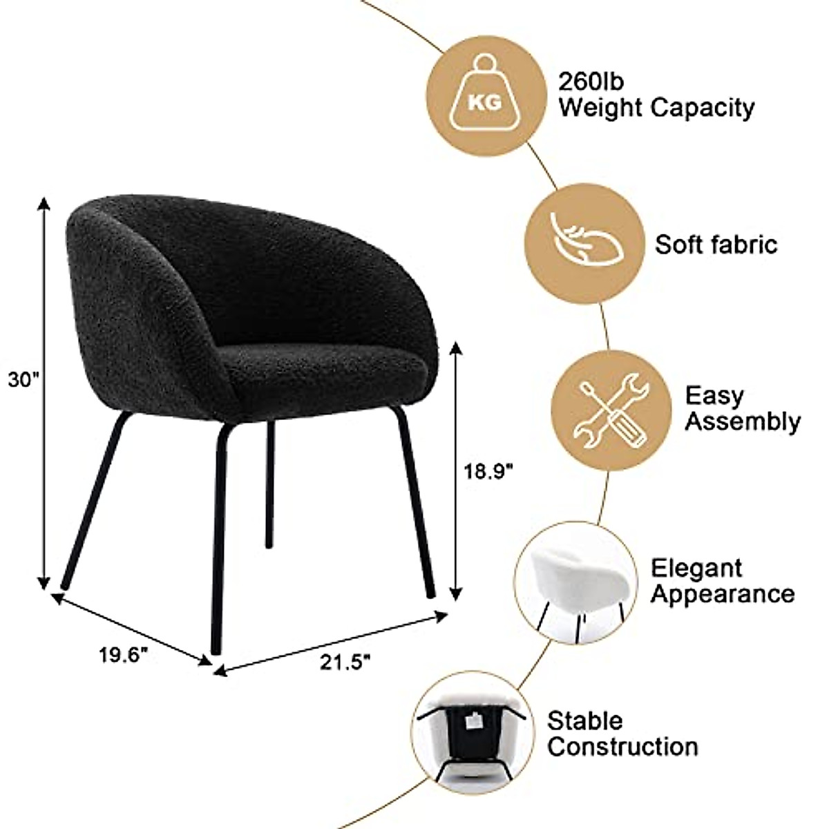 ONEVOG Upholstered Modern Sherpa Chairs for Makeup Vanity Desk, Black Boucle Dining Chairs wtih Arms, Curved Back, Metal Legs, Cozy Kichen & Dining & Living Room Cushioned Seats Set of 2