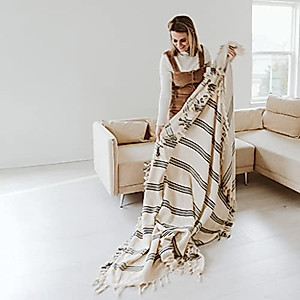 Sweet Water Decor Turkish Cotton Throw Blankets | Large Size 65 x 85 | Cream with Black Decorative Stripes | Boho, Rustic, Farmhouse | Indoor, Outdoor Cover (Henley - Four Stripes)