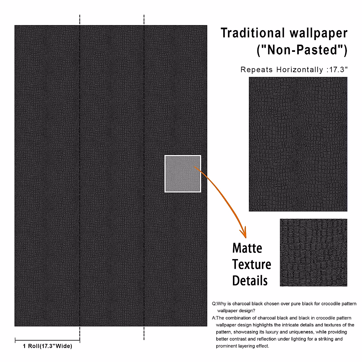 JiffDiff Black Crocodile Wallpaper Textured Wallpaper Charcoal Black Matte Non Woven 3D Embossed Wallpaper Non-Pasted Wallpaper 19.7Ft x 17.7''