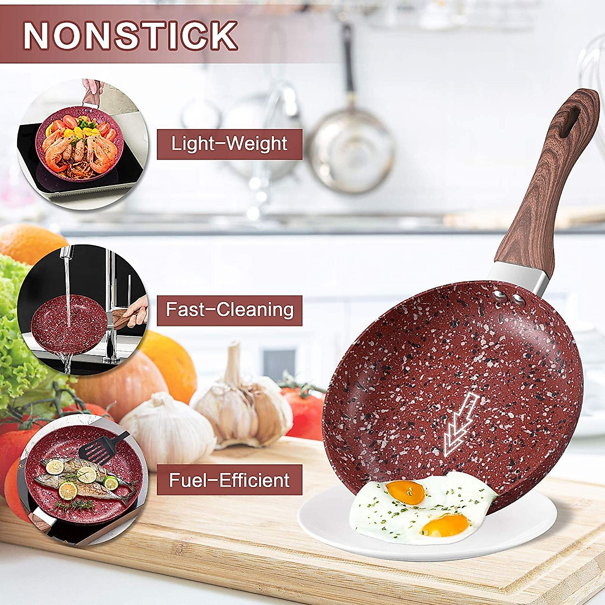 KOCH SYSTEME CS Nonstick Cookware Set - Saucepan and Frying Pans/Skillets Set, Induction Cooker Compatible, Red Stone-Derived Nonstick Coating & Cool-to-Touch Bakelite Handle, PFOS PFOA Free, 5 Piece