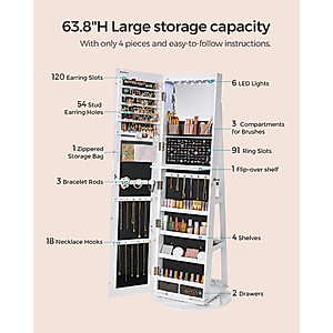SONGMICS 6 LEDs Lockable Mirror Jewelry Cabinet, 360° Swivel Jewelry Organizer, Standing Jewelry Armoire, Frameless Full-Length Mirror, 3 Storage Shelves,Christmas Gifts, White Surface,