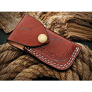 JNR TRADERS Damascus Pocket Knife with Sheath, Folding Knife, Handmade Small Folding Pocket Knife with Sheath, Wood Handle 2397