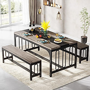 Tribesigns 55 Inch Dining Table Set for 4-6, 3-Piece Kitchen Table with 2 Benches, Space-Saving Dining Room Table Set for Home Kitchen, Restaurant, Grey