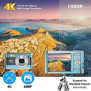 4K Digital Camera,Kids Camera with 64GB SD Card,Autofocus 64MP Point and Shoot Digital Cameras with 18X Digital Zoom,Two Batteries,Compact Small Camera for Kids Boys Girls