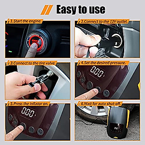 Rickwayy Tire Inflator Portable Air Compressor, 12V DC Air Pump for Car Tires, 150PSI Auto Portable Air Compressor with Emergency Light, Air Pump for Car, Motorcycle, Bicycle and Other Inflatables