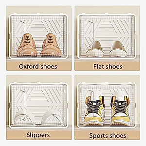 JOISCOPE 12 Pack Shoe Storage Boxes, Fit up to US Size 10, Clear PP Plastic Stackable Shoe Organizer for Closet, Space Saving Foldable Shoe Container Bins, for Entryway, White