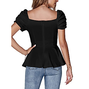 LYANER Women's Wrap V Neck Zipper Back Puff Short Sleeve Flare Ruffle Peplum Top Blouse Black X-Large