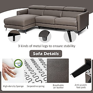 Giantex Upholstered Sectional Sofa Couch, with Chaise Lounge and Electric Power Recliner, CertiPUR-US Sponge, Adjustable Headrests, Metal Legs, Air Leather Modern L-Shaped Living Room Furniture, Grey