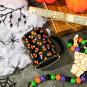 Whaline Halloween Mug 12oz Candy Corn Coffee Mug Candy Corn Black Ceramic Drinking Mugs Halloween Party Cups for Home School Office Table Centerpieces Housewarming Gift