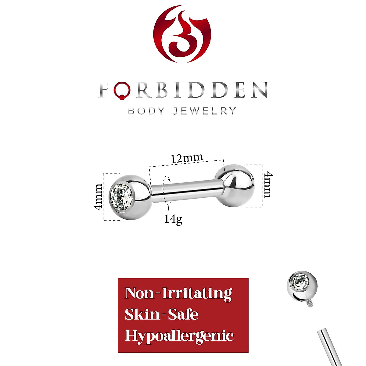 Forbidden Body Jewelry 14g 12mm Titanium Single CZ Crystal Top Barbell, 4mm Balls