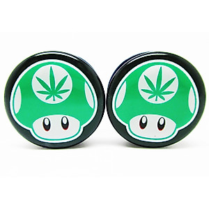 Pierced Republic Green 1-Up Mushroom Pot Leaf Ear Plugs - Acrylic Screw-On - 10 Sizes - *Pair* (00 Gauge (10mm))