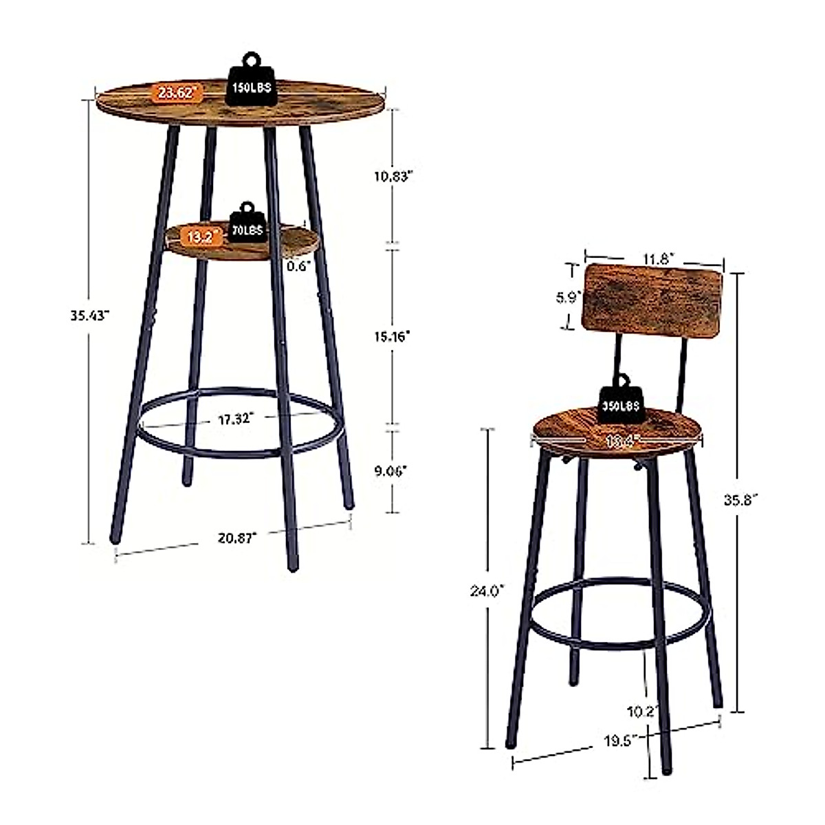Lepfun Bistro Set of 2, Pub High Top Round Table and Chairs Upholstered Cushion, Storage Shelf and Backrest, 3-Piece Bar Stool Set for Breakfast Nook, Rustic Brown