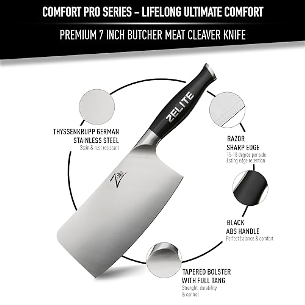 Zelite Infinity Butcher Knife 7 Inch, Meat Cleaver Knife, Chopping Knife, Meat Knife, Meat Cutting Knife, Big Knife, Chinese Cleaver Knife - German High Carbon Stainless Steel - Razor Sharp Knife