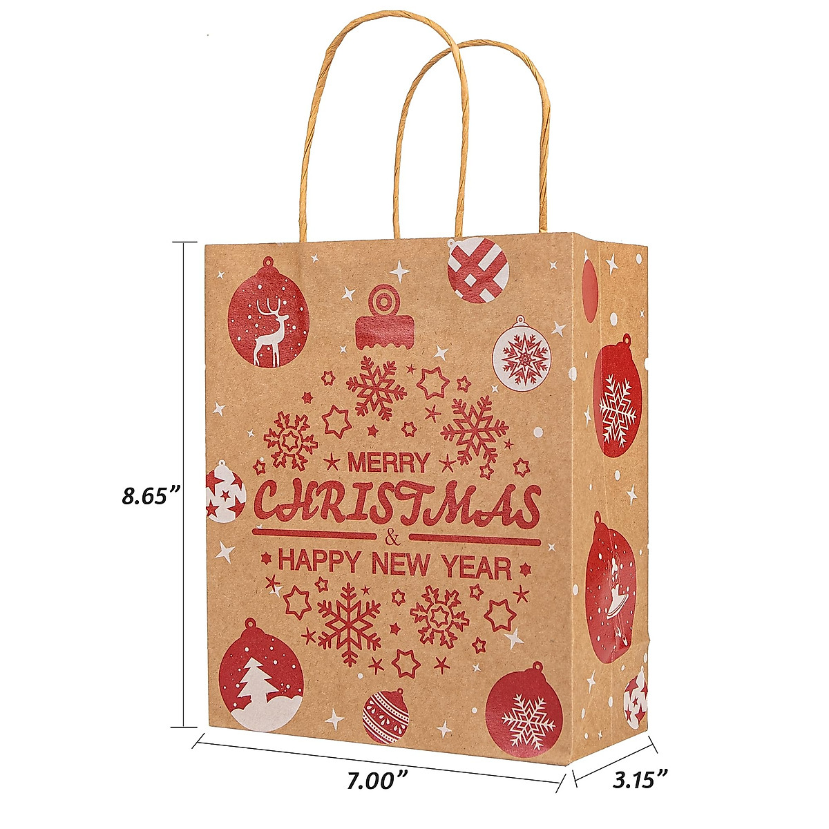 24 Christmas Kraft Gift bags 7.25 x 9 x 3.5 with 24 Tissue Papers for Xmas Exchange, Party Favors Paper Goodie Bags