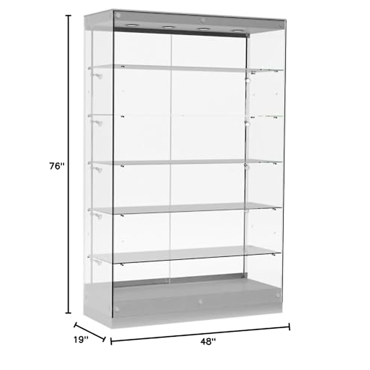 Displays2go, Illuminated Full Vision Cabinets, Tempered Glass, Painted MDF Construction – Clear, Silver Finish (GTAP48LEDS)