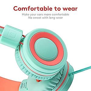 Nilogie A21 Kids Headphones for School/PC/Cellphone/Airplane Travel with 3.5mm Jack Children Boys Girls Foldable Wired On-Ear Headset (Mint Coral)