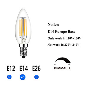 E14 LED Bulb Dimmable 40W Equivalent 3000K Soft White, E14 European Candelabra Base Light Bulbs, Clear Glass Torpedo Shape, 6 Pack