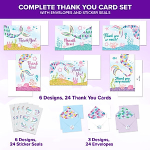 Decorably 30 Pack Glittery 4.9x3.5in Mermaid Thank You Cards with Envelopes and Stickers, 6 Sparkly Designs, Blank Inside, Baby Shower, Weddings, Birthdays