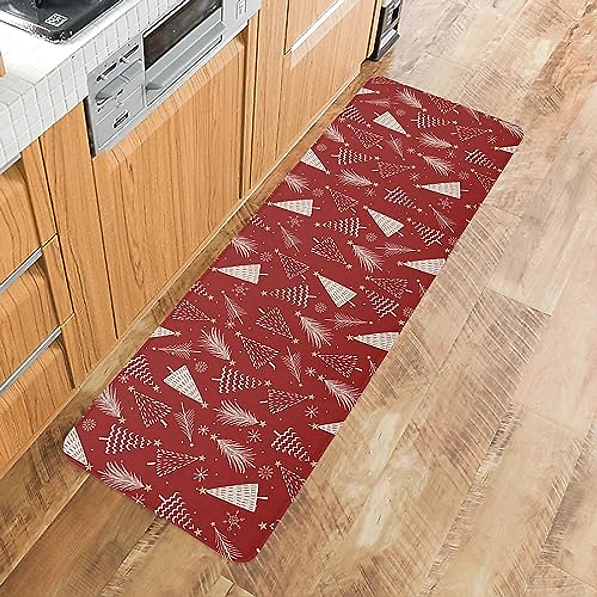 Libaoge Christmas Kitchen Mat Rug 1 PCS Xmas Tree Red Background Runner Rug Anti-Fatigue Comfort Memory Foam Standing Mat Non-Slip Floor Door Mat for Bathroom Bedroom 20x47in