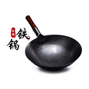 SERENITA Chinese 100% Hand Hammered Iron Woks Stir Fry Pans, Non-stick, No Coating, Less Oil, Black Seasoned Wooden handle (Pro-30cm)