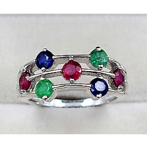 Natural Ruby Emerald Sapphire Mix Gemstone 4 MM Round Cut 925 Sterling Silver Cluster Unisex Proposal Ring For Christmas Gift (Rhodium Plated Silver, 11)