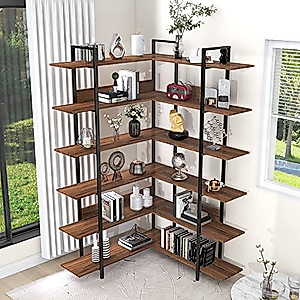 IMGDD 74.8 Inch Bookshelf L-Shape MDF Boards Stainless Steel Frame Corner 6-Tier Shelves Adjustable Foot Pads (Brown)