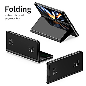 LCHDA Flip Folio Case for Samsung Galaxy Z Fold 5 5G, Noble Smart Clear View Makeup Mirror Plating Hard PC Vertical Kickstand Slim Fit PU Leather Full Body Protective Cover - Black
