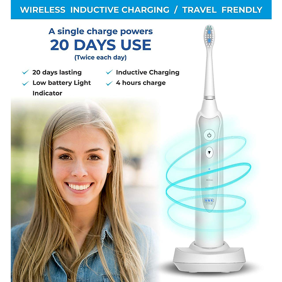 Sonic Electric Toothbrush for Adults with 5 Toothbrush Replacement Heads, 3 Brushing Modes & 2 Minutes Built-in Timer, Travel Toothbrushes with Inductive Charging, Rechargeable toothbrush | White