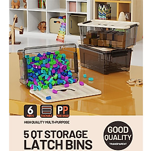 WYT Small Clear 5-Quart Plastic Storage Container Bin with Khaki Secure Lid and Black Latch Buckles, Durable Stackable Nestable Organizin, 6-Pack
