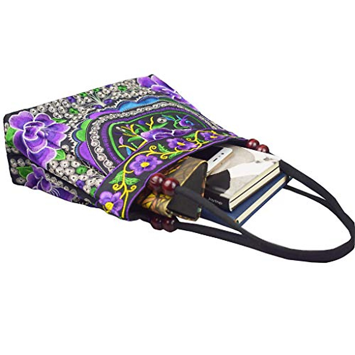 Canvas Floral Hobo Tote Bags for Women Stylish Casual Shoulder Handbag Ethnic Embroidery Purse