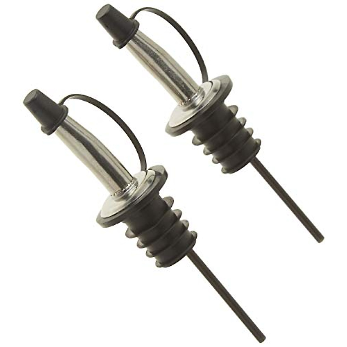 Tablecraft Stainless Steel Pourers with black Tethered Cap, (2 Pack), Silver