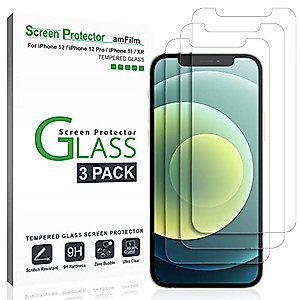 amFilm Glass Screen Protector Compatible for iPhone 12, iPhone 12 Pro Display with Easy Installation Tray, Glass, 3 Pack