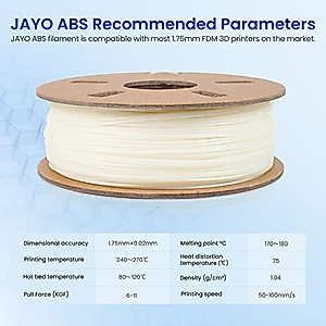 JAYO ABS 3D Printer Filament, Impact and Heat Resistant ABS Filament 1.75mm Dimensional Accuracy +/- 0.02mm, 0.65KG Cardboard Spool 3D Printing Material Fits FDM Printers, ABS White 650G