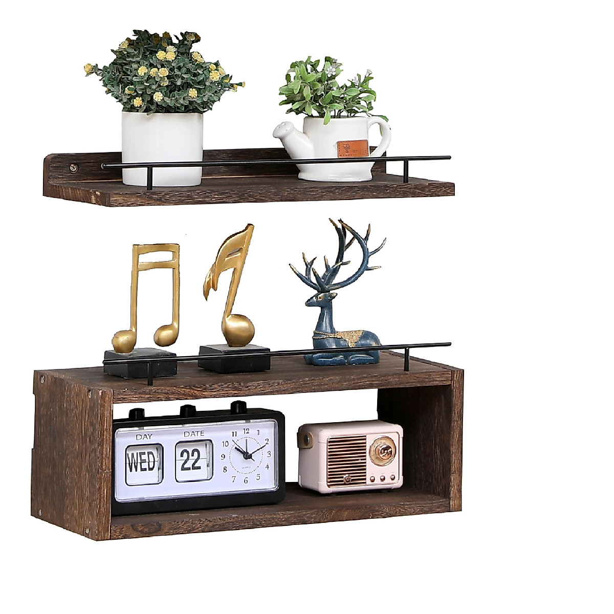 WONFUlity 3-Shelf Bathroom Shelves, Floating Shelves with Storage Basket, Over Toilet Paper Holder, Farmhouse Wood Wall Shelves for Living Room, Kitchen, 16x5.9x5.5 inches, Walnut